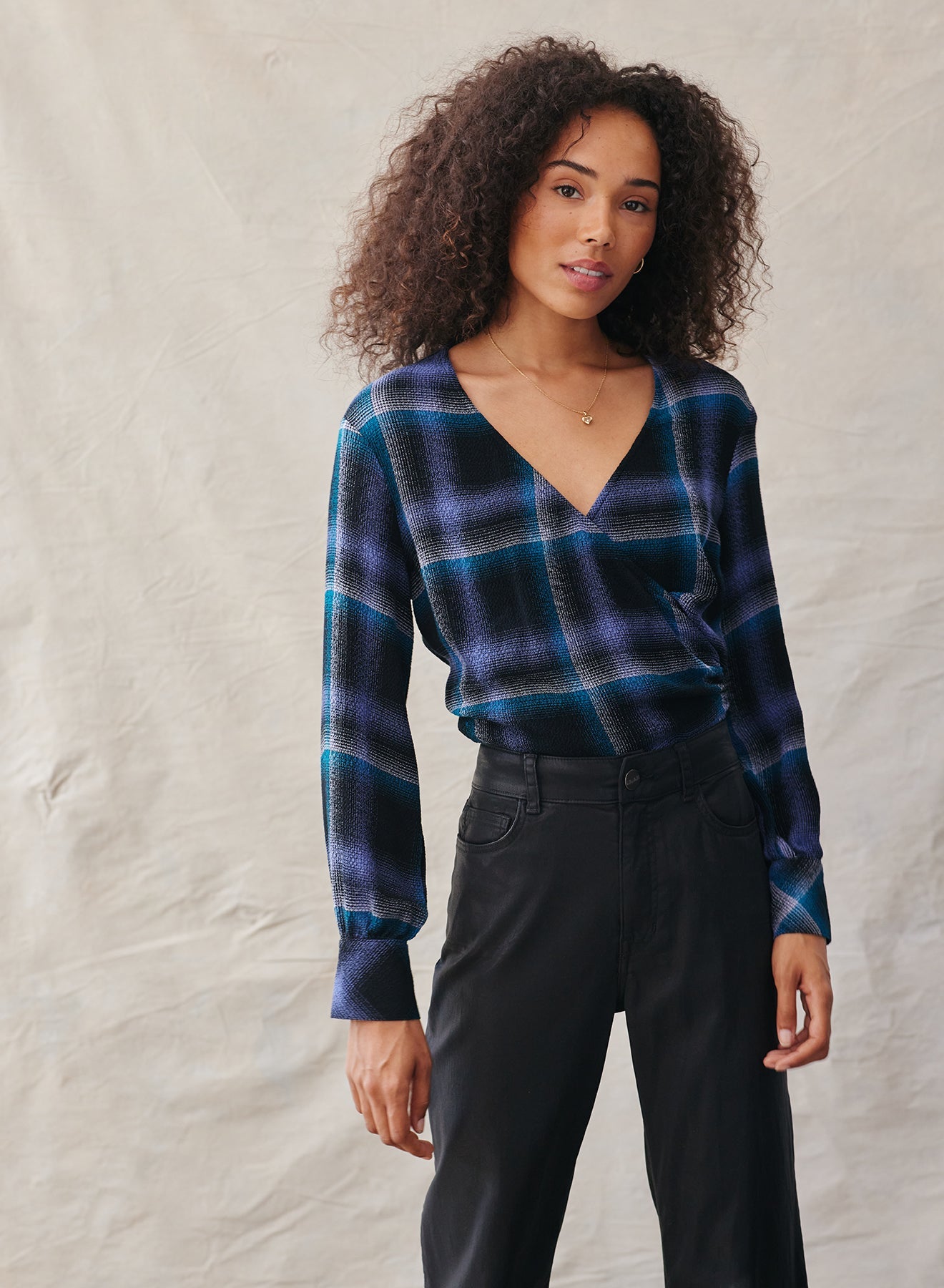 Tie Back Wrap Top - Teal & Violet Plaid - Bella Dahl